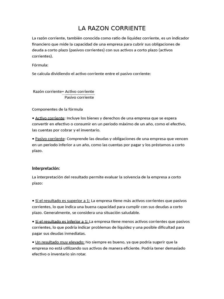 Medición de la Razón Corriente | PDF | Liquidez de mercado | Hoja de ...