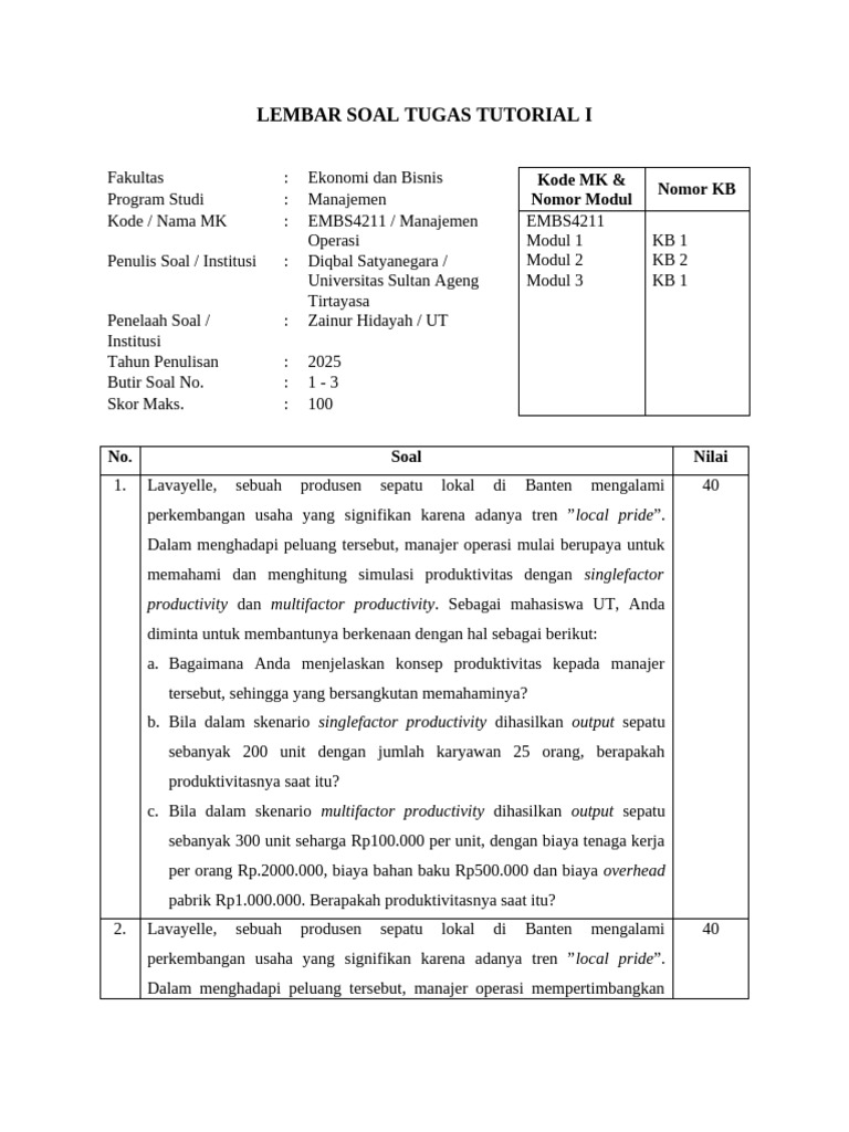 Lembar Soal Tugas Tutorial I | PDF