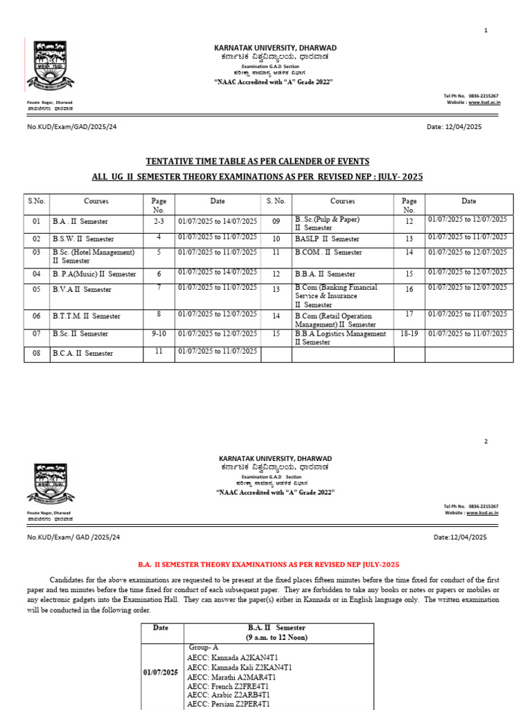 All UG 2 Semester Revised NEP Tentative Time Table July 2025 | PDF ...