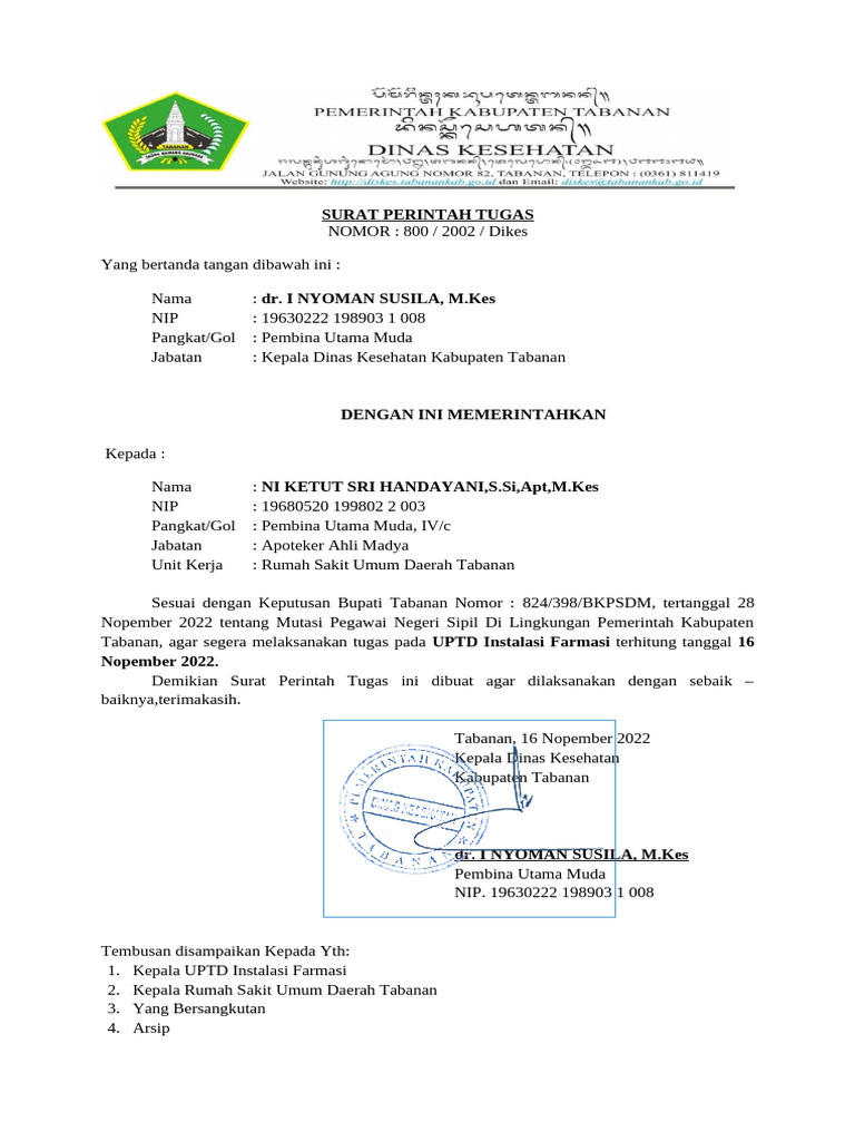 Surat Perintah Tugas Dinas Kesehatan Tabanan | PDF