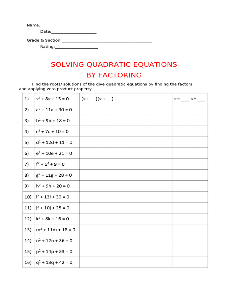 Quadratic Equation (Factoring) | PDF
