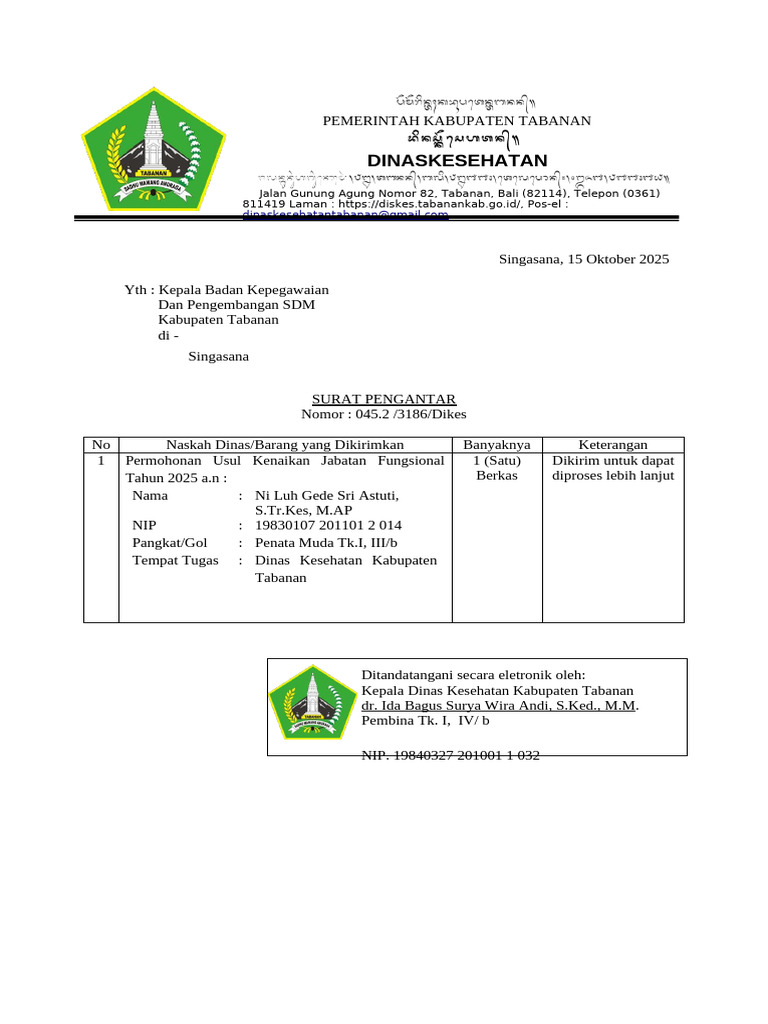 Surat Usul Kenaikan Jabatan Tabanan | PDF
