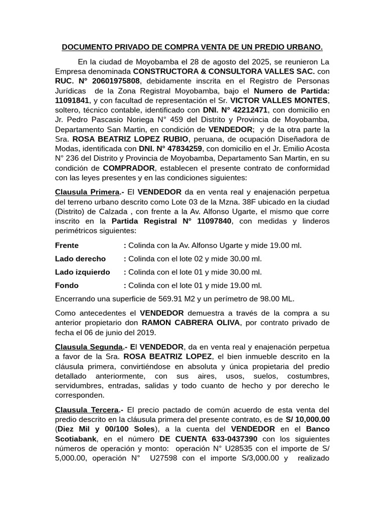 Documento Privado de Compra Venta de Un Predio Urbano - Victor Valles | PDF