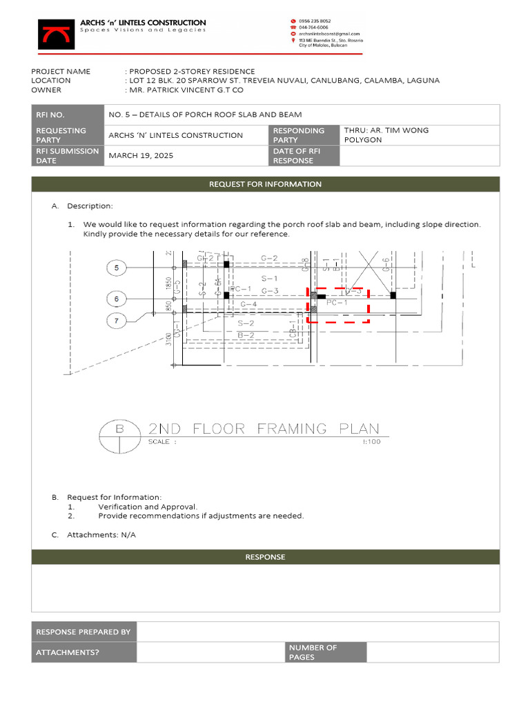 RFI No. 5 - Porch Roof Slab and Beam | PDF