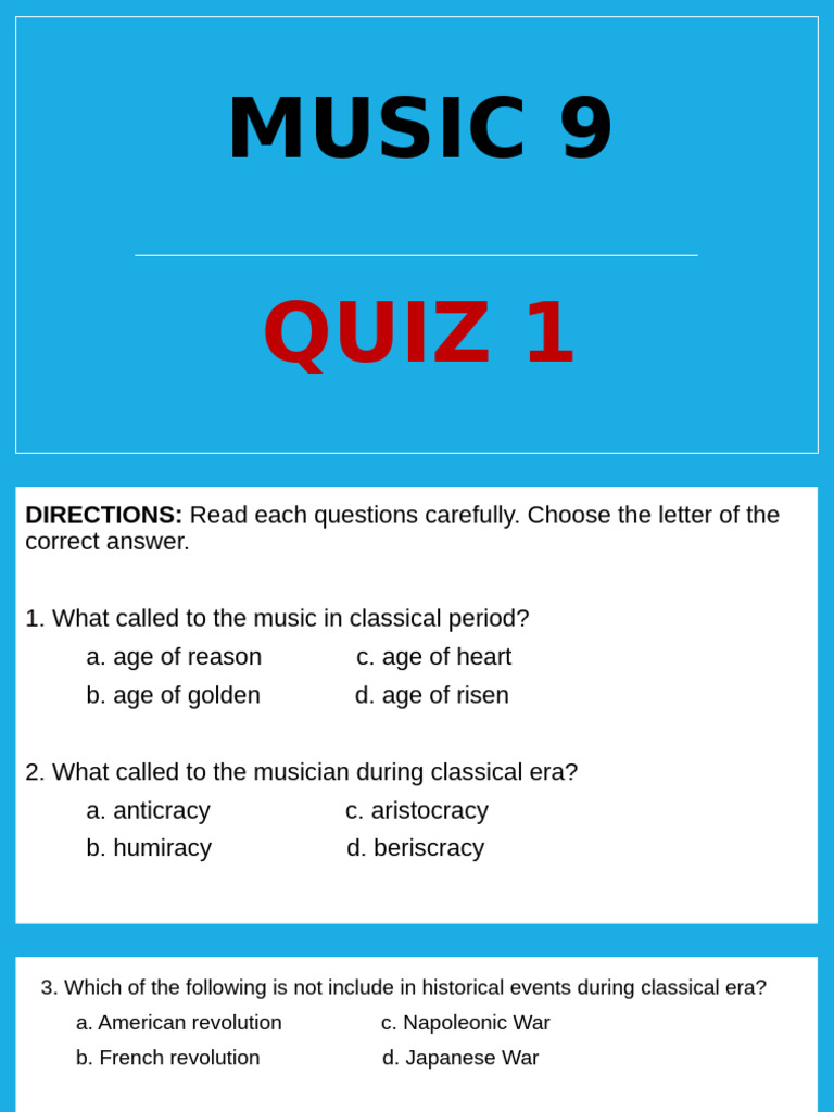 Music Quiz | PDF | Classical Period (Music) | Wolfgang Amadeus Mozart