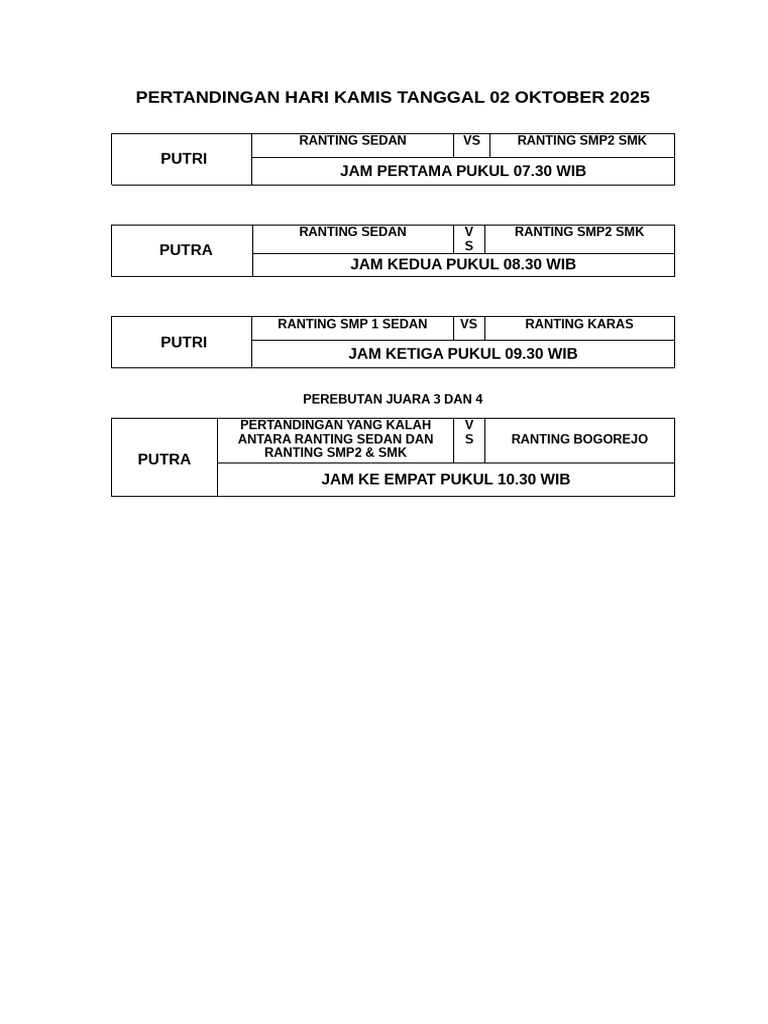 Jadwal Pertandingan Ranting Sedan 2 Okt | PDF