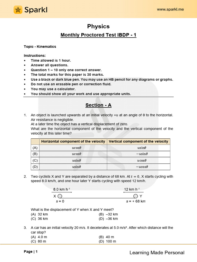 IBDP Physics Kinematics Test Questions | PDF | Velocity | Projectiles