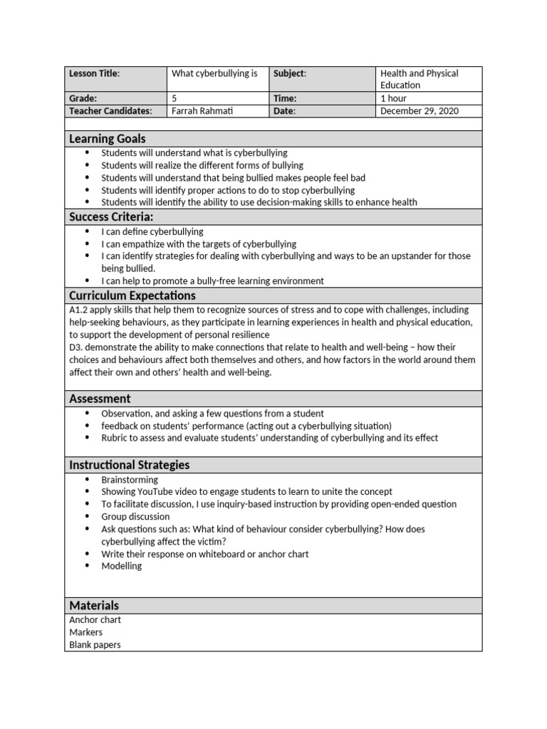Cyberbullying Lesson Plan-Dec 29 | PDF | Cyberbullying | Bullying