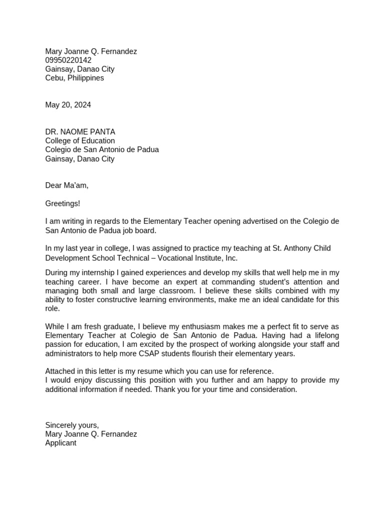 Elementary Teacher Application Letter | PDF