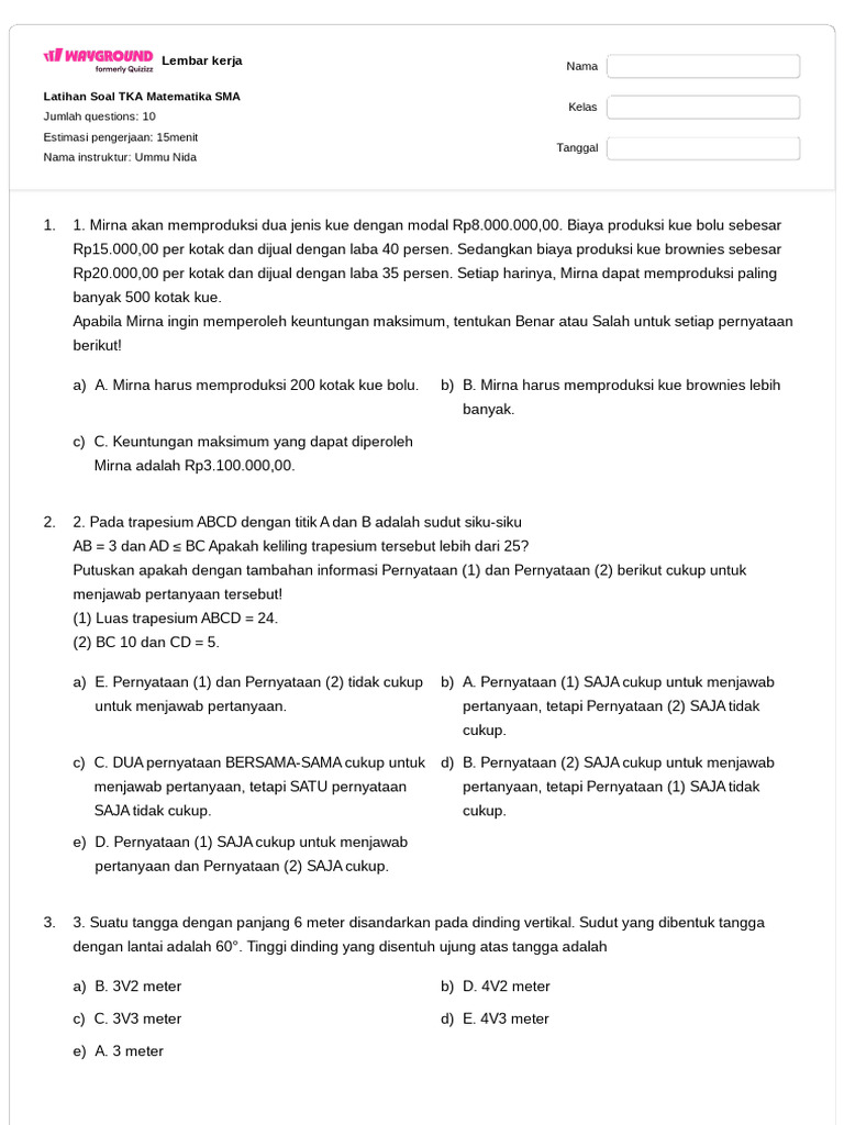 Latihan Soal TKA Matematika SMA - Wayground | PDF