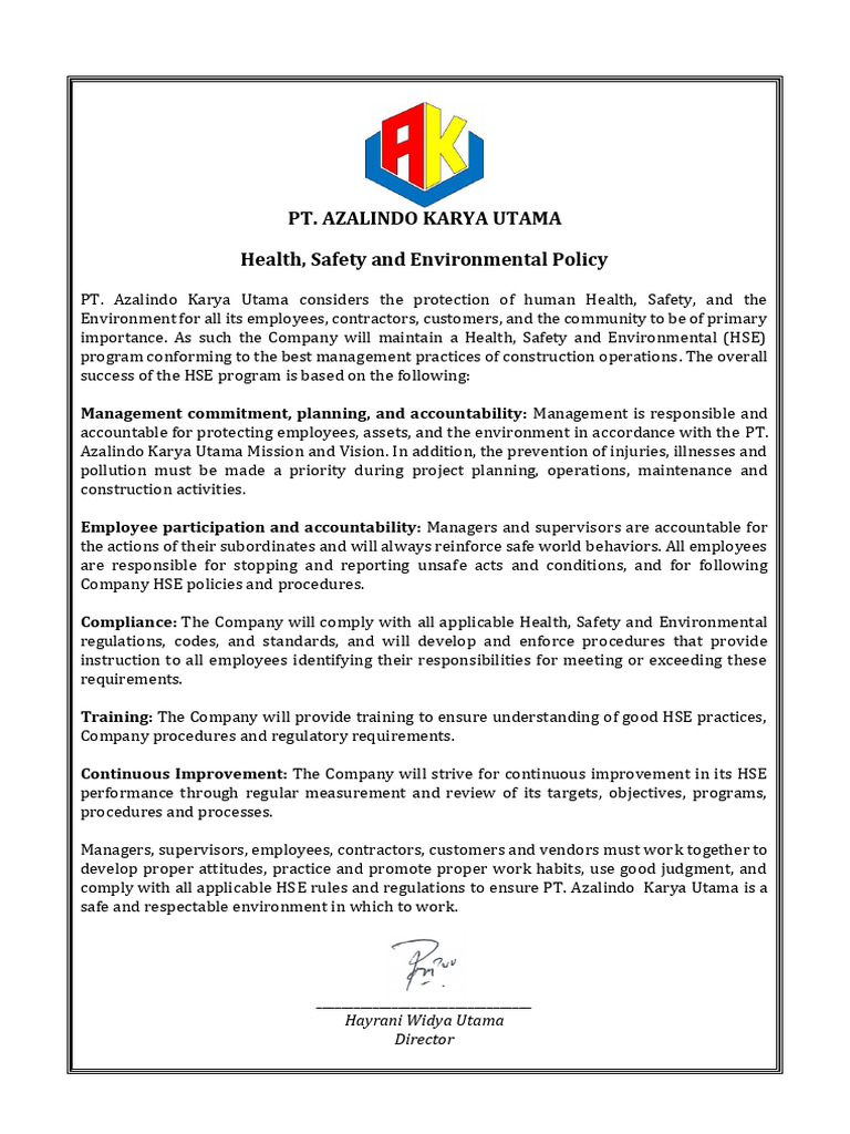 HSE Policy Overview for PT. Azalindo | PDF