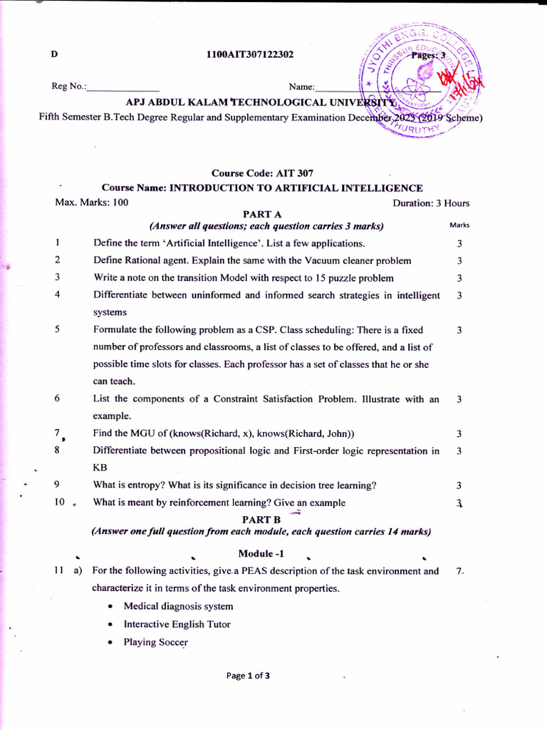 AIT 307: AI Course Question Paper | PDF | Cognition | Cognitive Science