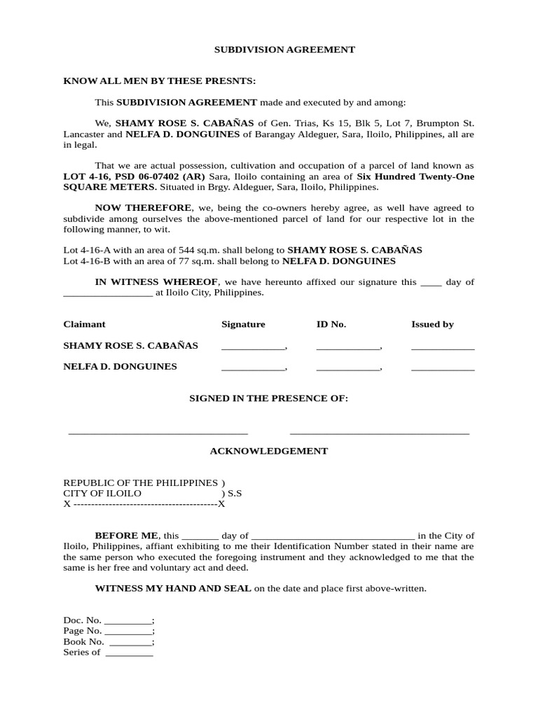 Subdivision Agreement for Lot 4-16, Iloilo | PDF
