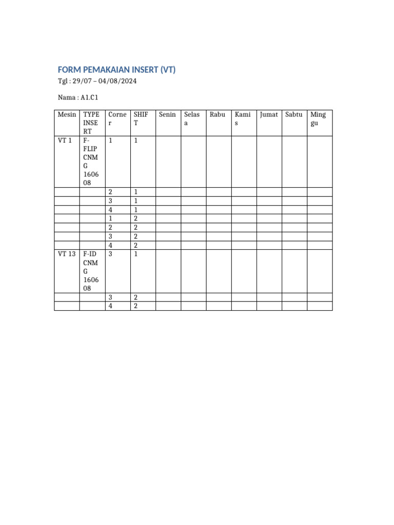 Form Pemakaian Insert Mingguan Mirip Format Gambar | PDF