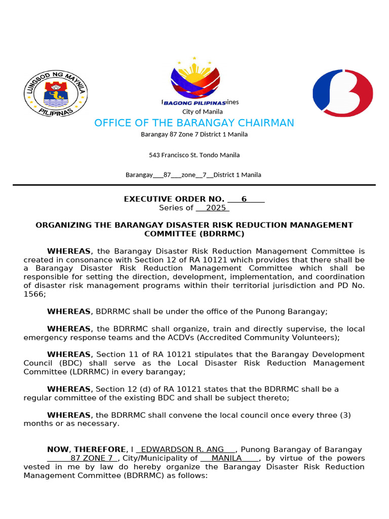 # 6 Executive-Order-BDRRMC MArch 12,2025 | PDF | Emergency Management ...
