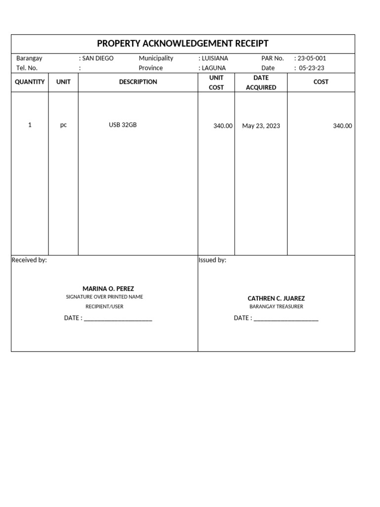 Property Acknowledgement Receipt: Quantity Unit Description Unit Date ...