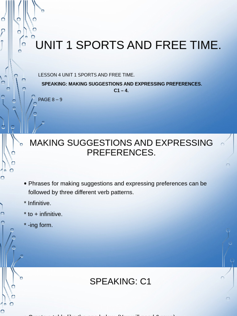 Lesson 4 Speaking - Making Suggestions and Expressing Preferences. C1 ...