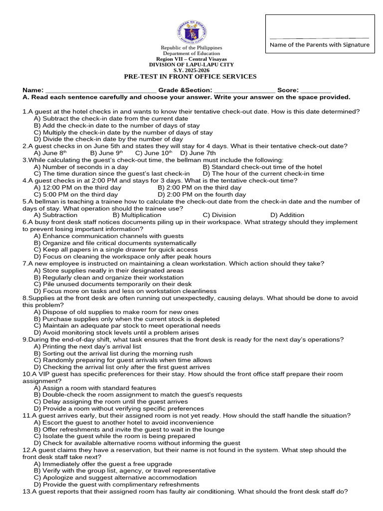Front Office Services Pre-Test 2025-2026 | PDF | Business