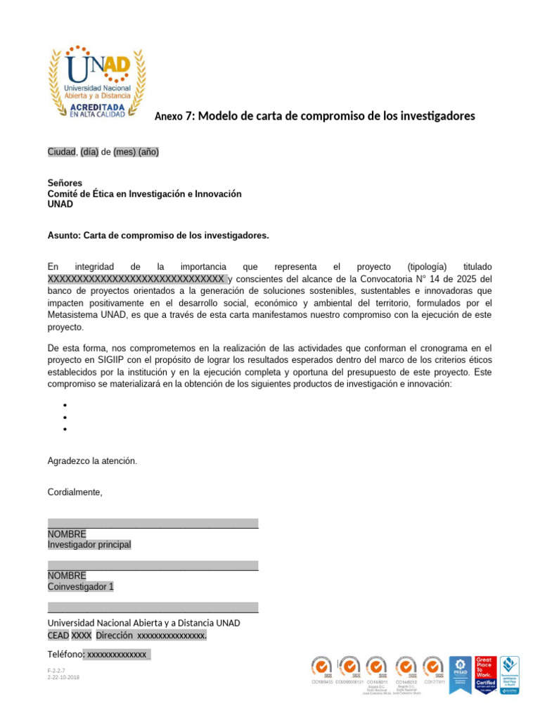 Anexo 7 Modelo de Carta de Compromiso de Los Investigadores | PDF