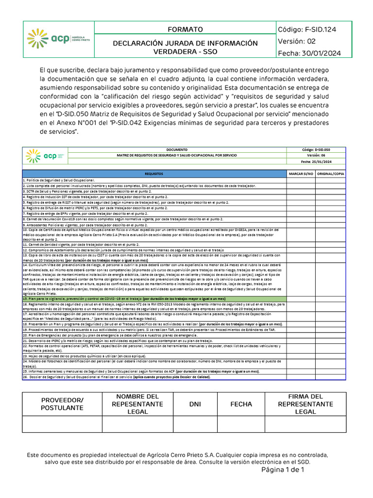 F-SID.124 Declaración Jurada de Información Verdadera - SSO - V2 | PDF | Seguridad y salud ...