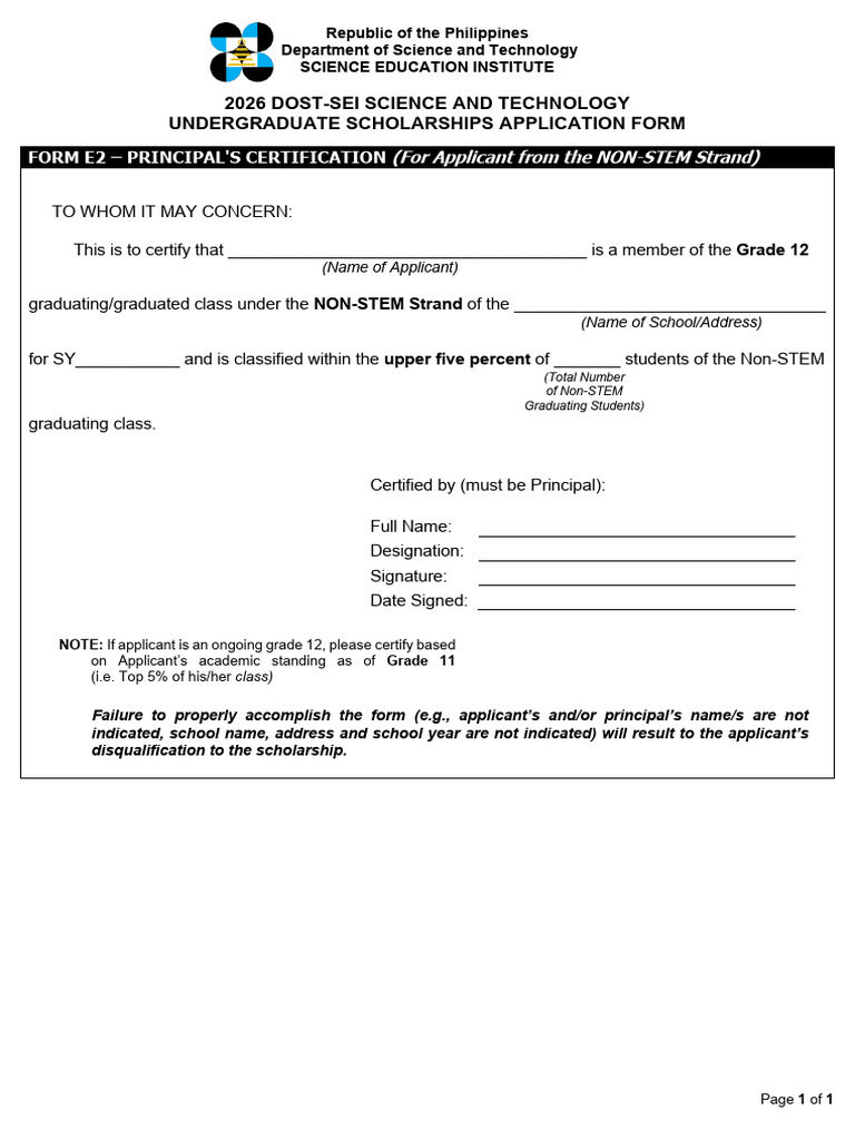 2026 DOST-SEI S&T Undergraduate Application Form E2 | PDF