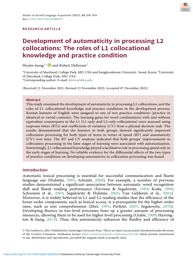 Development of Automaticity in Processing l2 Collocations The Roles of ...