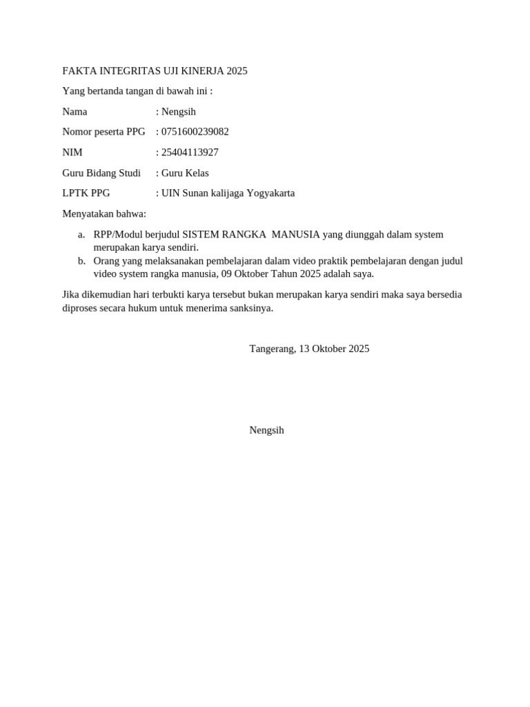 Fakta Integritas Uji Kinerja 2025 | PDF