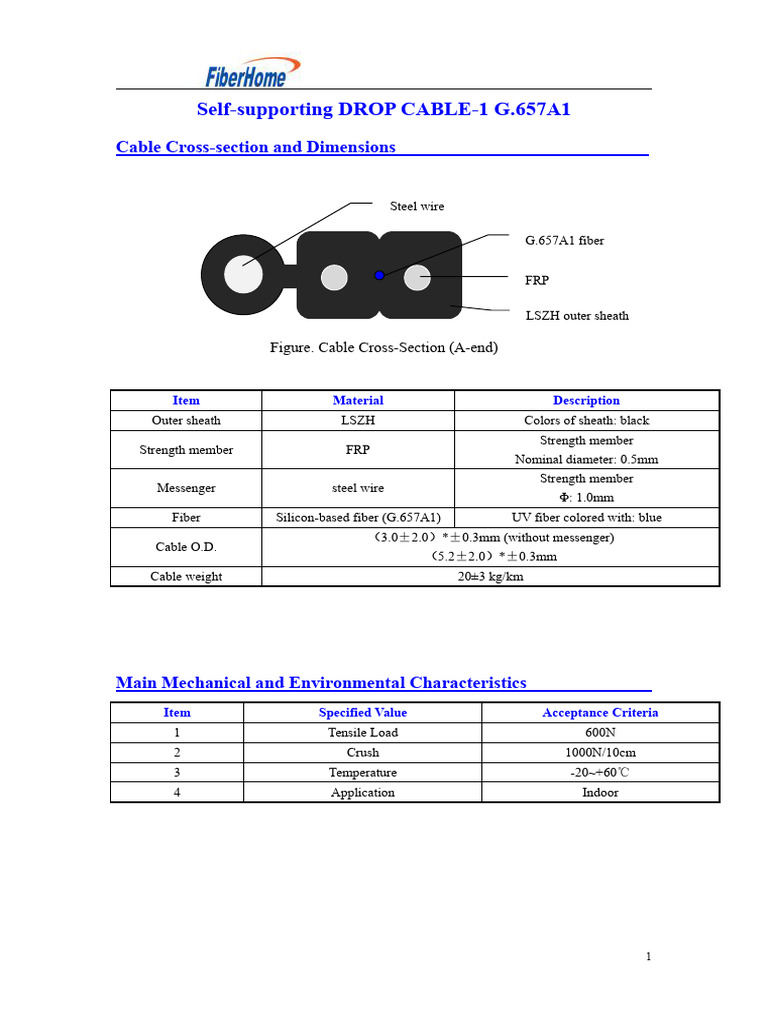 FIG8 Drop Cable G.657A1 Datasheet | PDF | Attenuation | Optical Fiber