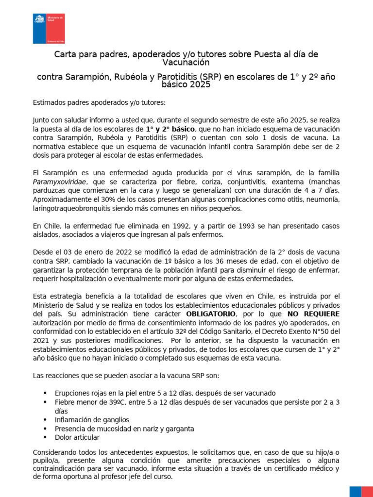 Carta-padres-Catch-up-SRP-1°-y-2° - BASICO | PDF | Sarampión | Enfermedades animales