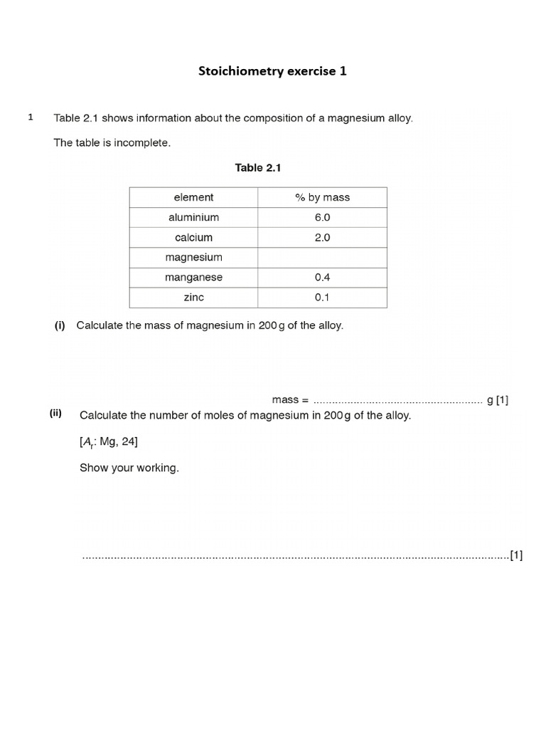 Stoichiometry Exercises and Mark Scheme | PDF