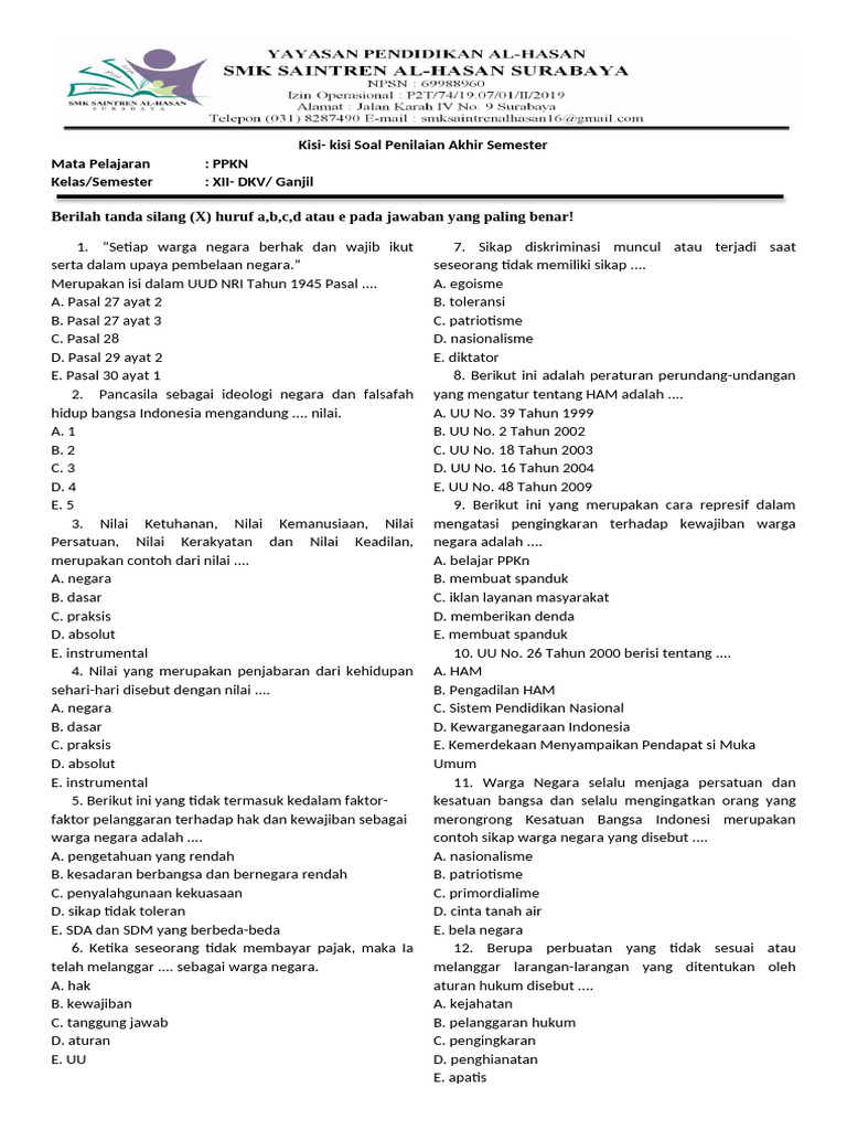 Kisi2 Pas Xii Ppkn Ganjil 2023-2024 | PDF