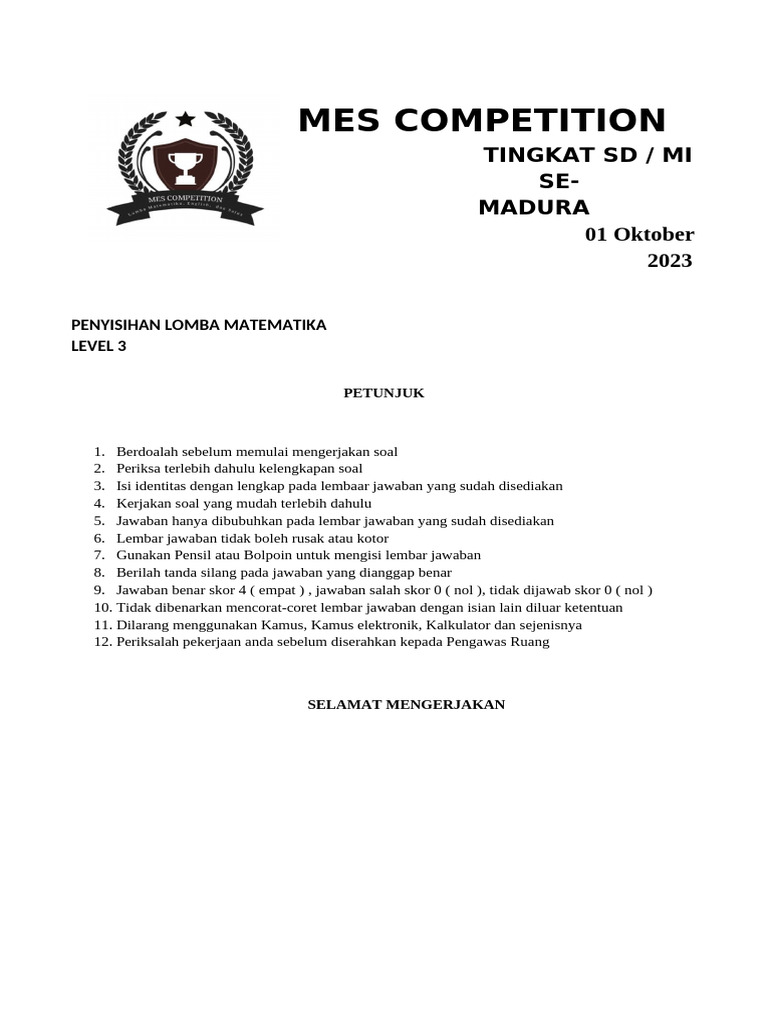 Lomba Matematika SD/MI Se-Madura 2023 | PDF