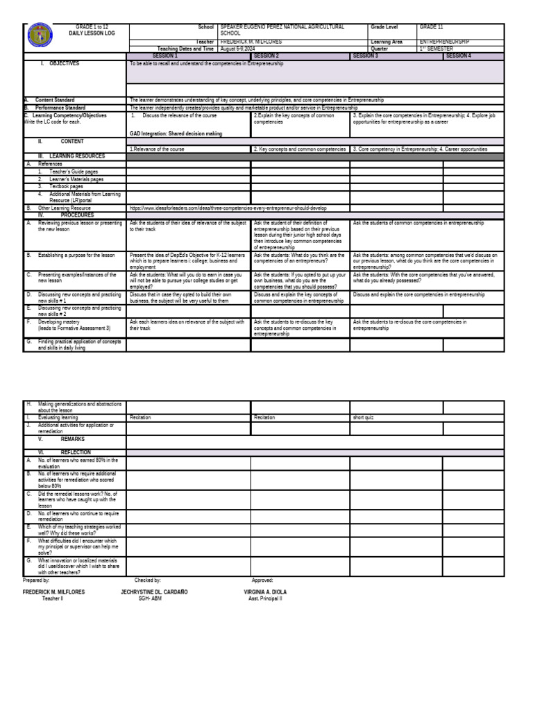 DLL 2024 2025 Entrep Week2 | PDF | Learning | Entrepreneurship