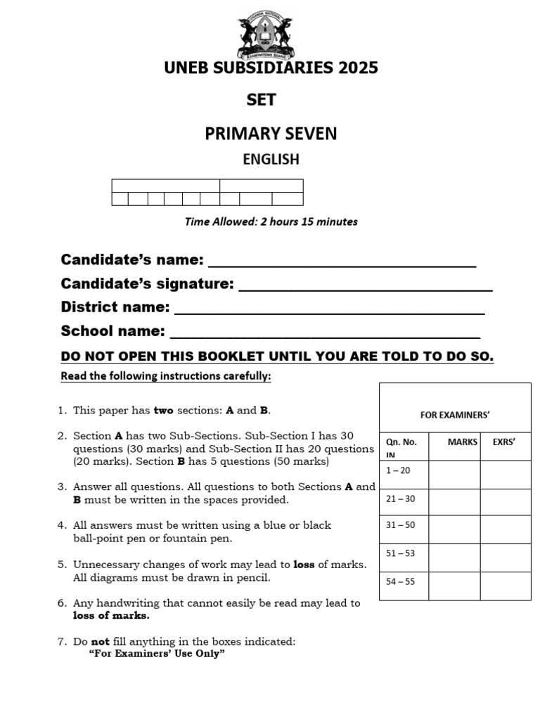UNEB Primary Seven English Exam 2025 | PDF | Mobile Phones
