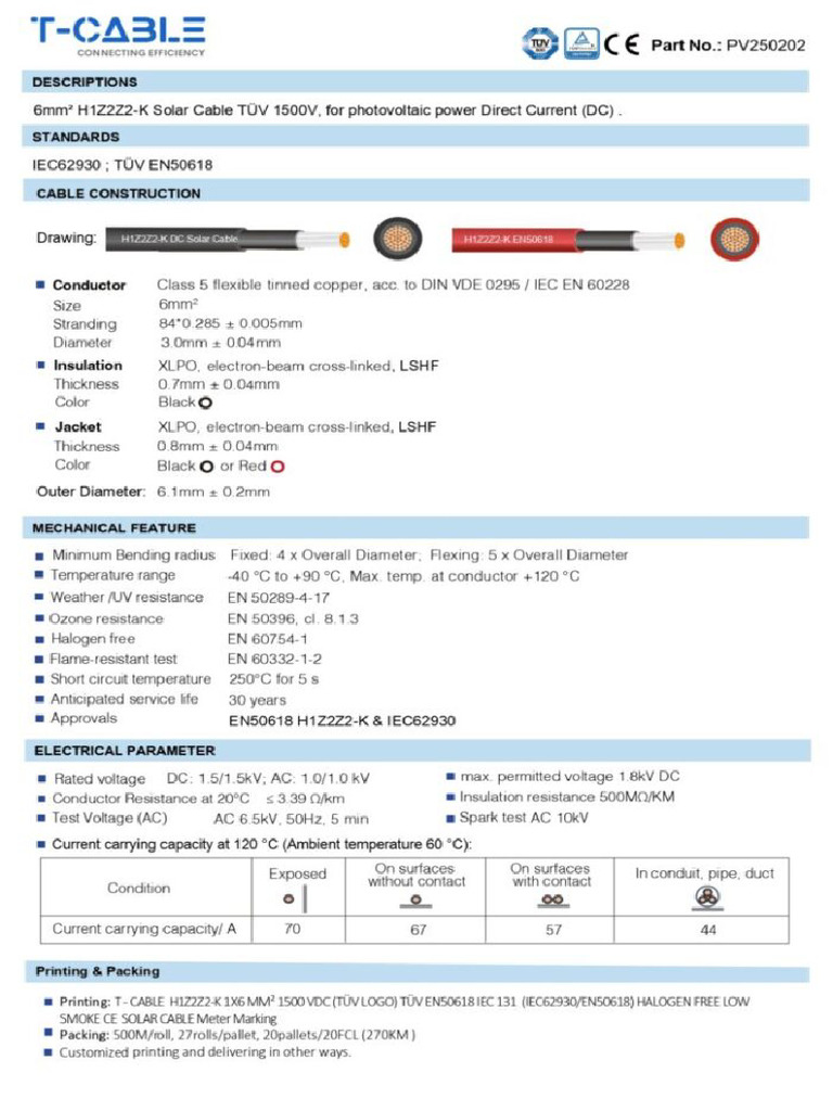 T-Cable Datasheet For 6mm2 Solar PV Cable | PDF