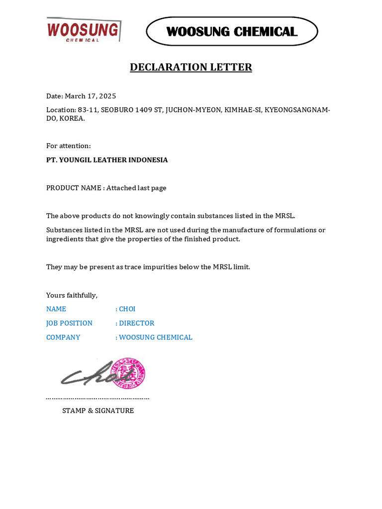 MRSL Compliance Declaration Letter | PDF | Chemical Compounds