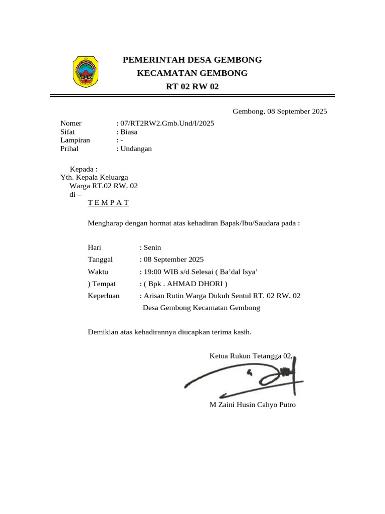 Surat Undangan RT - Februari | PDF