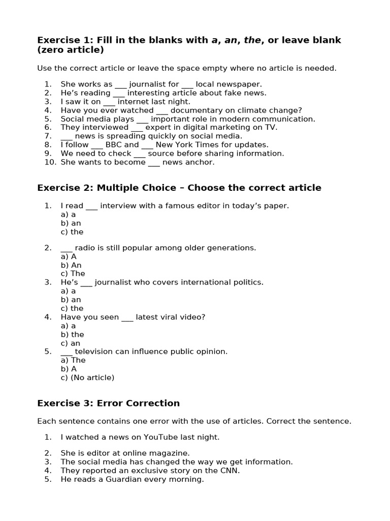 Mastering English Articles: Exercises and Tips | PDF | News | Social Media