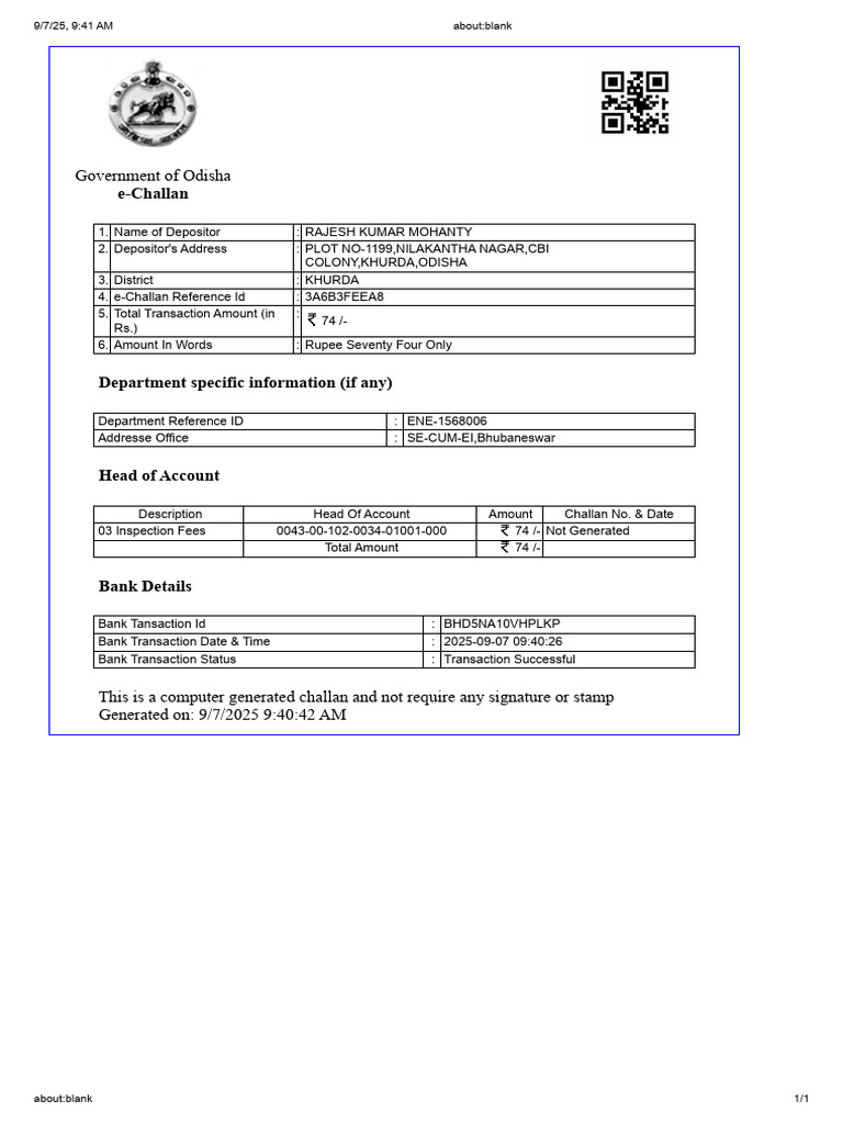 Odisha e-Challan Transaction Details | PDF