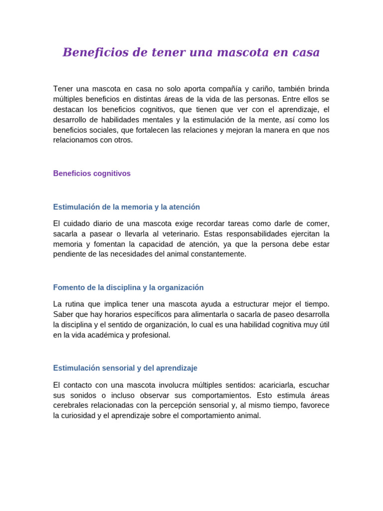 Beneficios de tener una mascota en casa | PDF | Mascota | Cognición