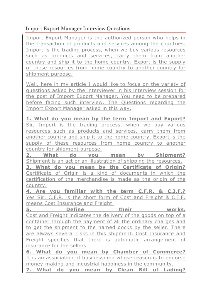 Import Export Manager Interview Questions | PDF | Trade | Freight Transport