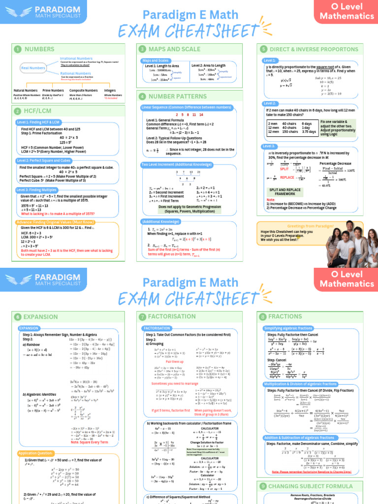 Paradigm O Level E Math Cheatsheet | PDF | Factorization | Numbers