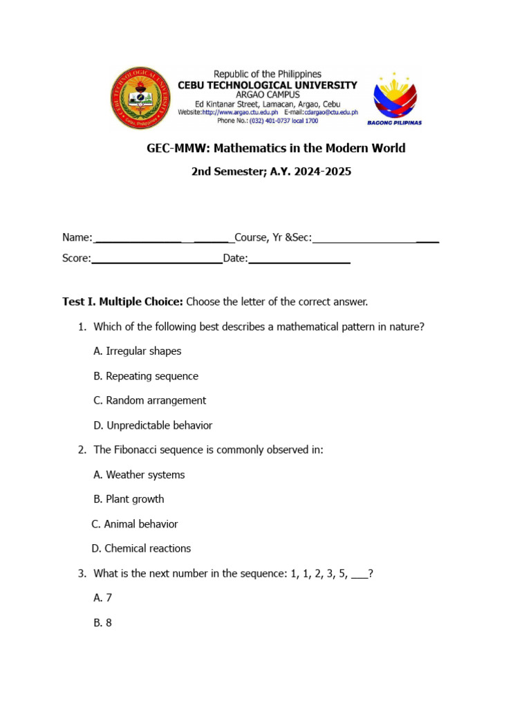 GEC-MMW: Mathematics in The Modern World: 2nd Semester A.Y. 2024-2025 | PDF | Pattern | Mathematics