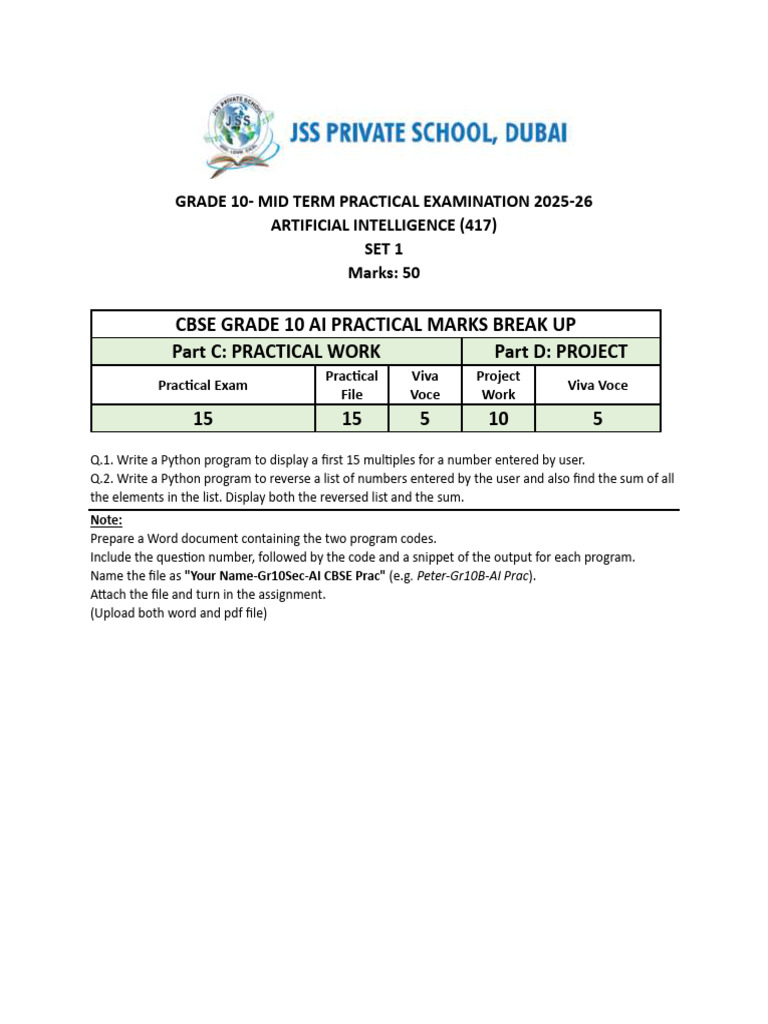 Class 10 AI Practical File 2025-26 | PDF | Computing | Computer Programming