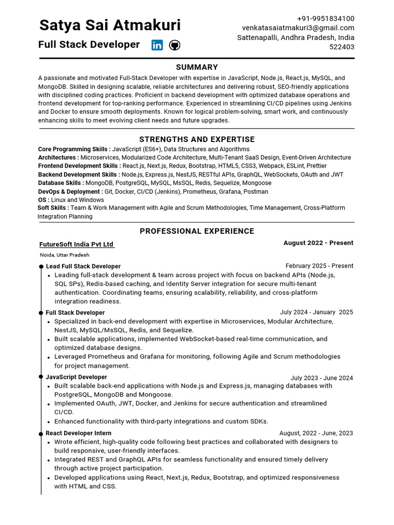 Satya Full Stack Developer Resume | PDF | Microsoft Sql Server | Software As A Service