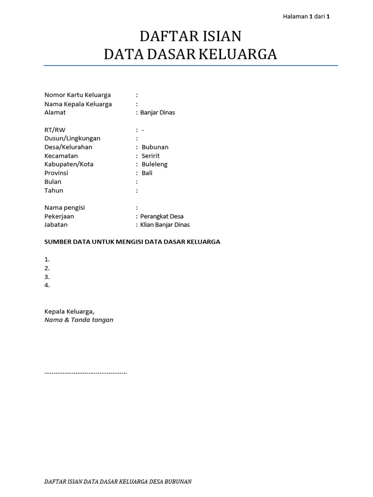 Data Dasar Keluarga Desa Bubunan | PDF