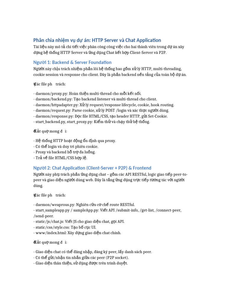 Phan Chia Nhiem Vu Du An HTTP ChatApp | PDF