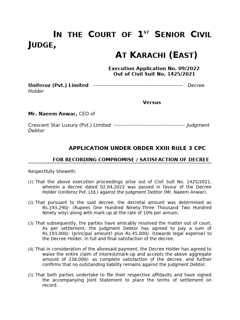 Application For Settlement (Uniferoz & Mr. Naim Anwar) | PDF | Judgment ...