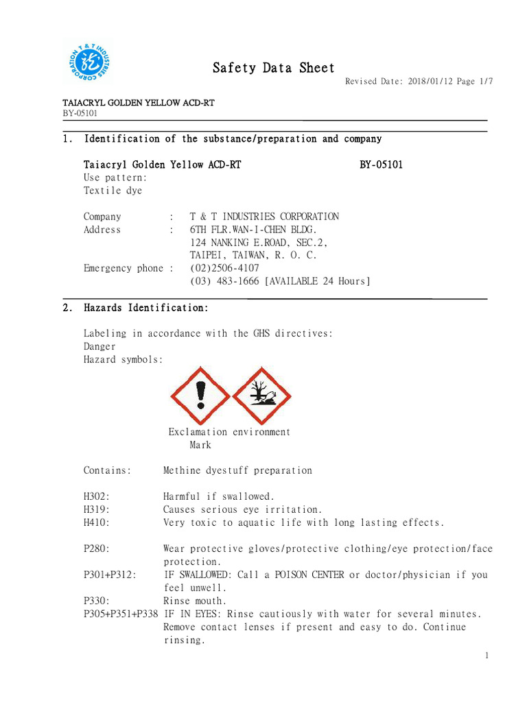By-05101 Taiacryl Golden Yellow Acd-rt_sds | PDF | Toxicity | Dangerous ...