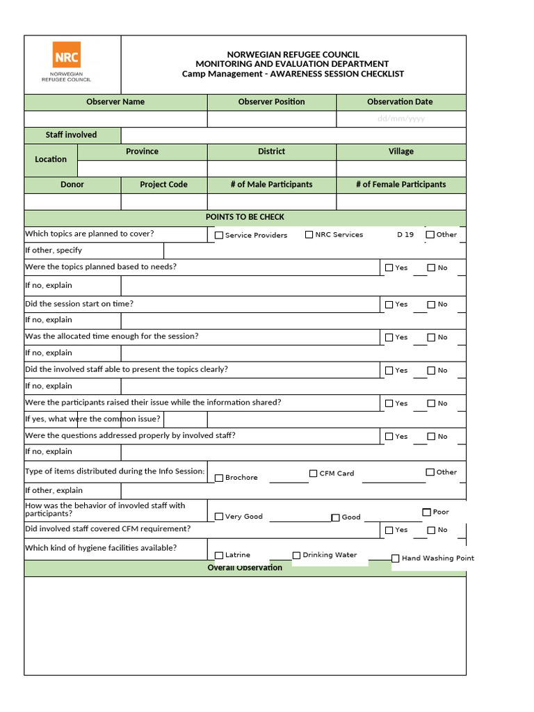 Awareness Session Evaluation Checklist | PDF | Hygiene | Sanitation